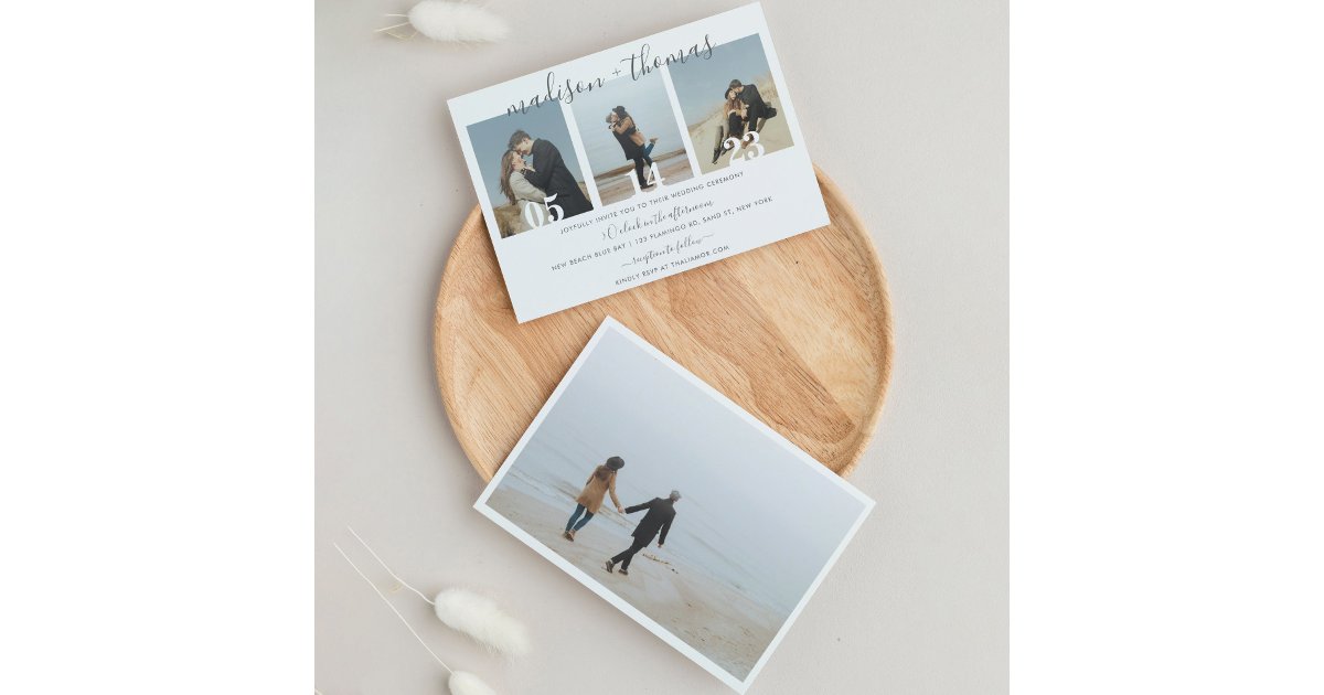 Invitación Guión gris minimalista con boda de collage de foto | Zazzle.es