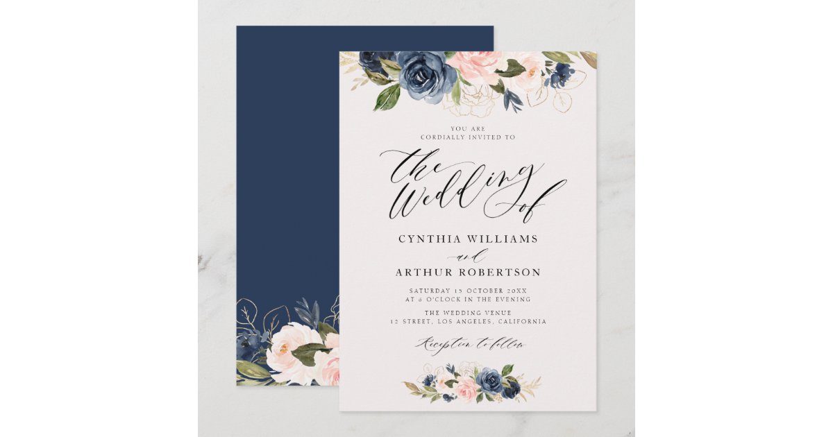 Invitación letra de script con marina floral y boda ruboroso | Zazzle.es