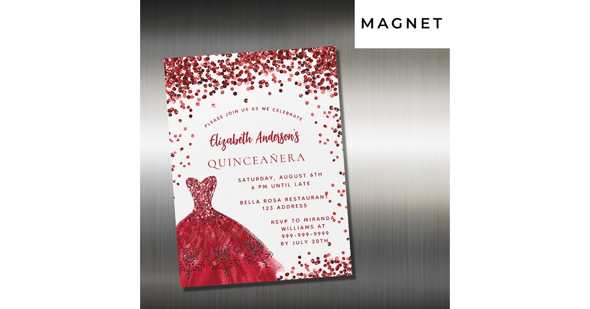 Invitación Magnética Vestido blanco rojo Quinceanera respira lujo ...