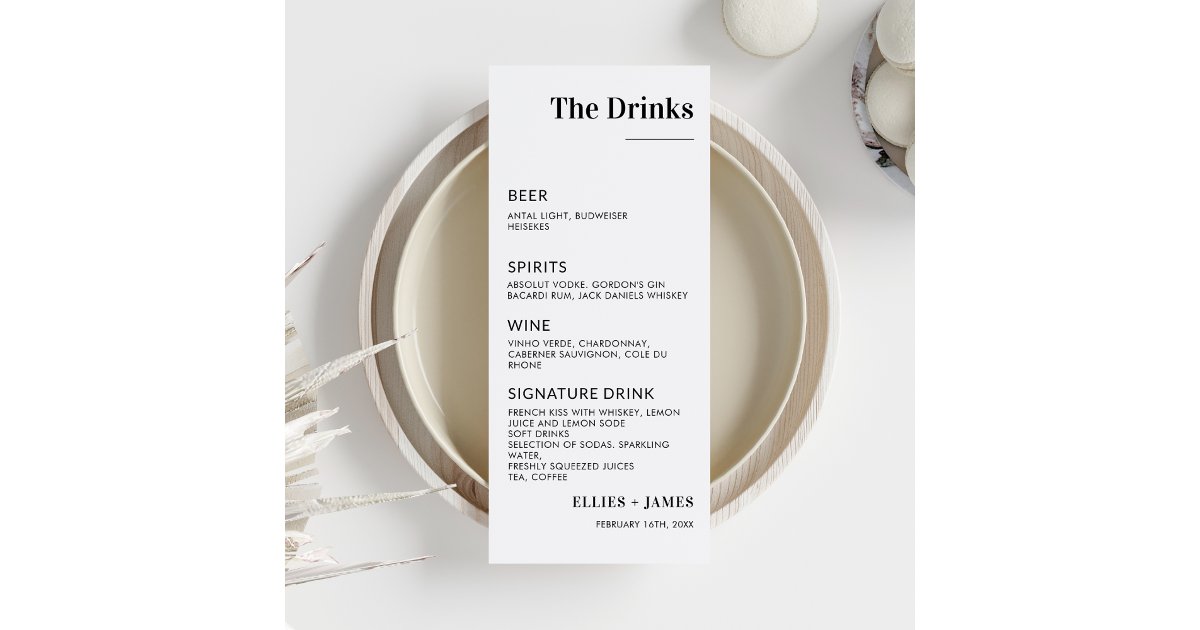 Invitación Menú de bebidas minimalistas Bodas Menú de bebidas | Zazzle.es