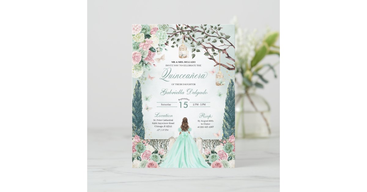 Invitación Mint Green Princess Jardín encantado Quinceanera | Zazzle.es