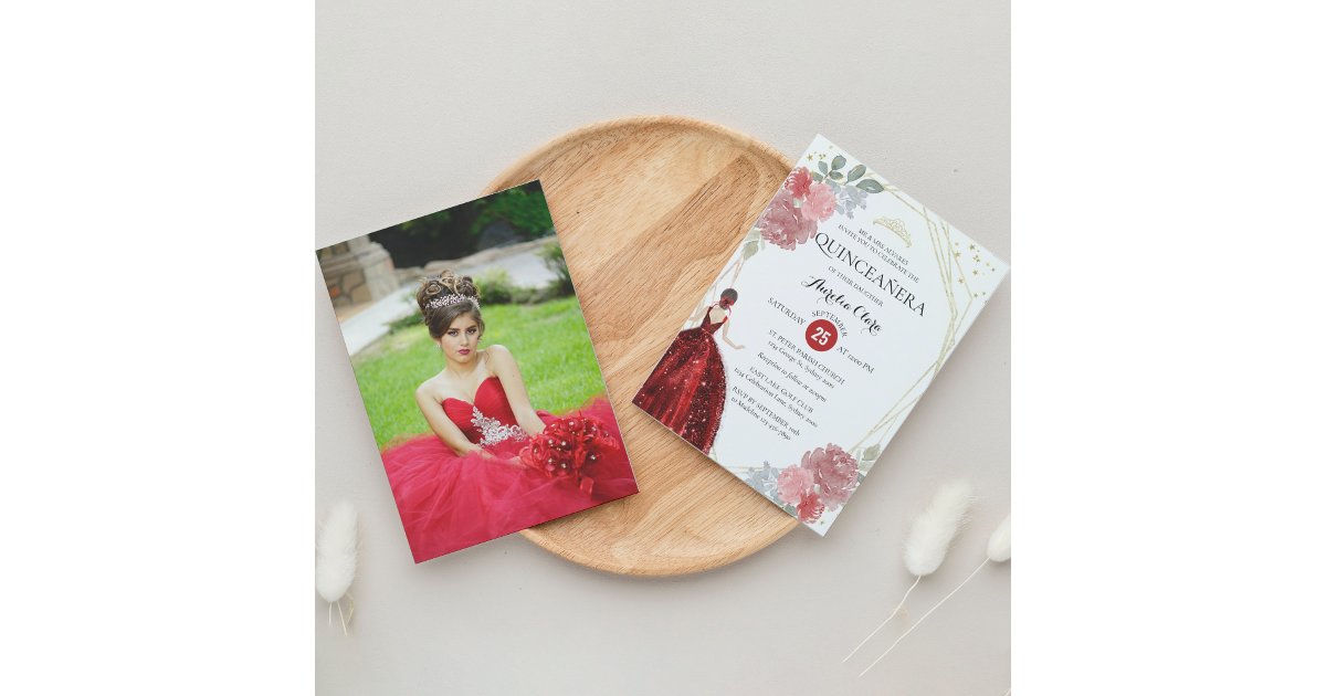 Invitación Moda Ruby Red Floral Geométrica Foto Quinceañera | Zazzle.es