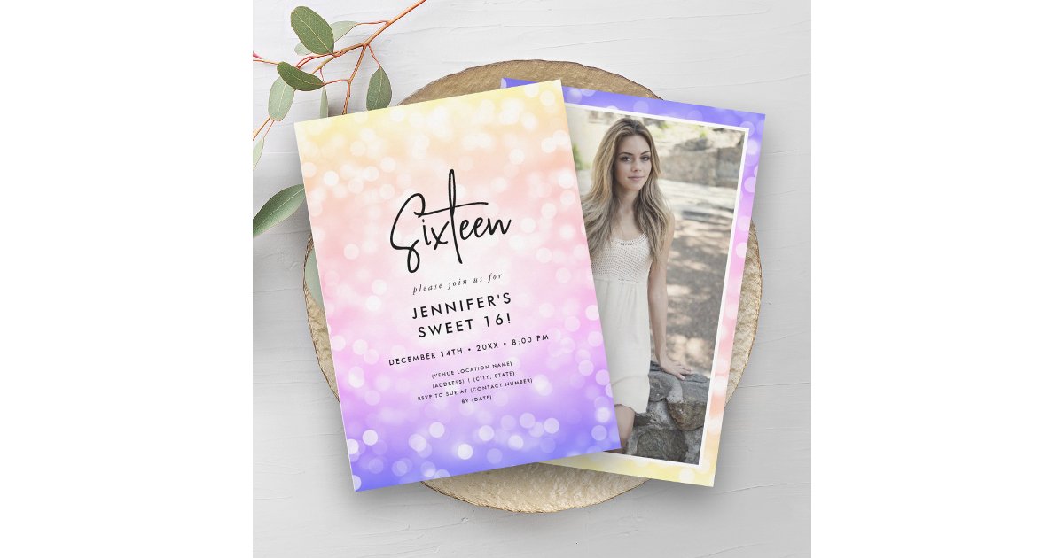 Invitación Moderno arcoiris con luces de timbre Foto dulce 16 | Zazzle.es