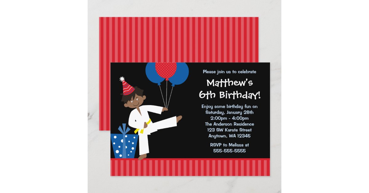 Invitación Niño afroamericano globa Taekwondo cumpleaños | Zazzle.es