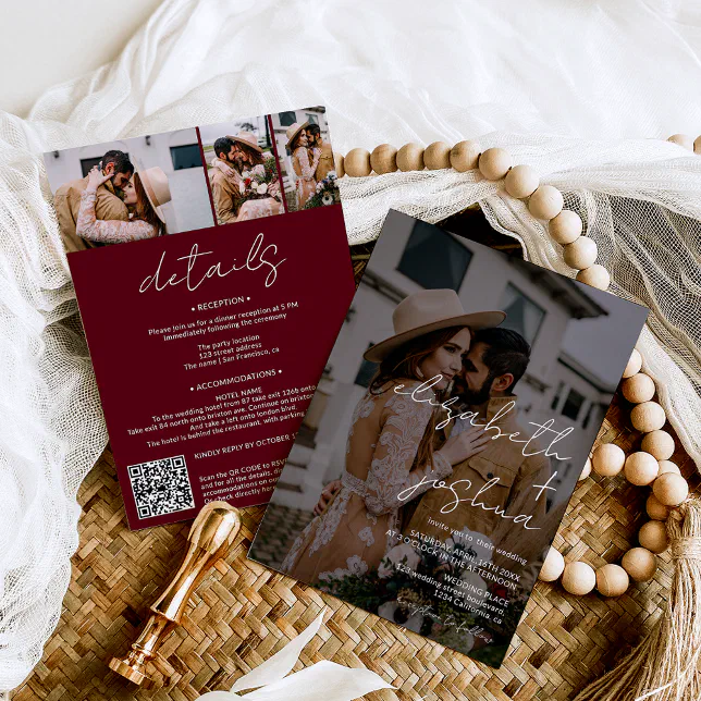 Invitación Nombres caligrafía rojo 4 foto todo en un boda | Zazzle.es