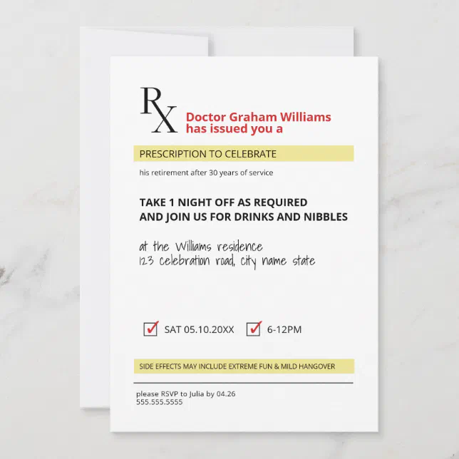 Invitación Novedad divertida Rx Médica de prescripción Jubila | Zazzle.es