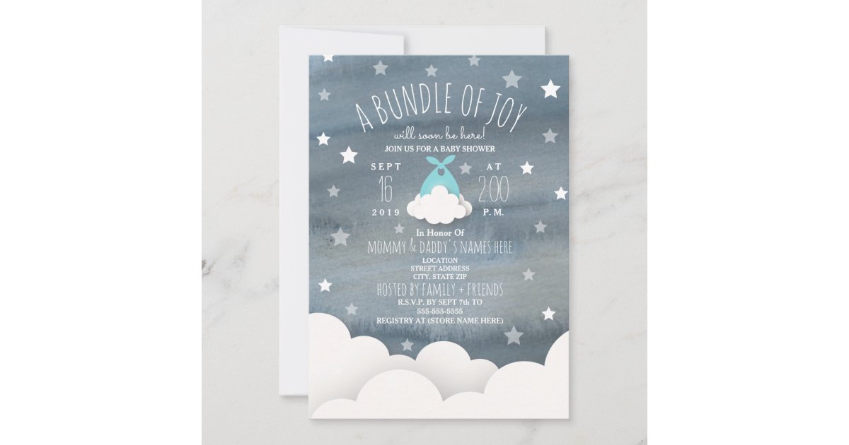 Invitación Paquete azul de nubes de la alegría + Bebé de la | Zazzle.es