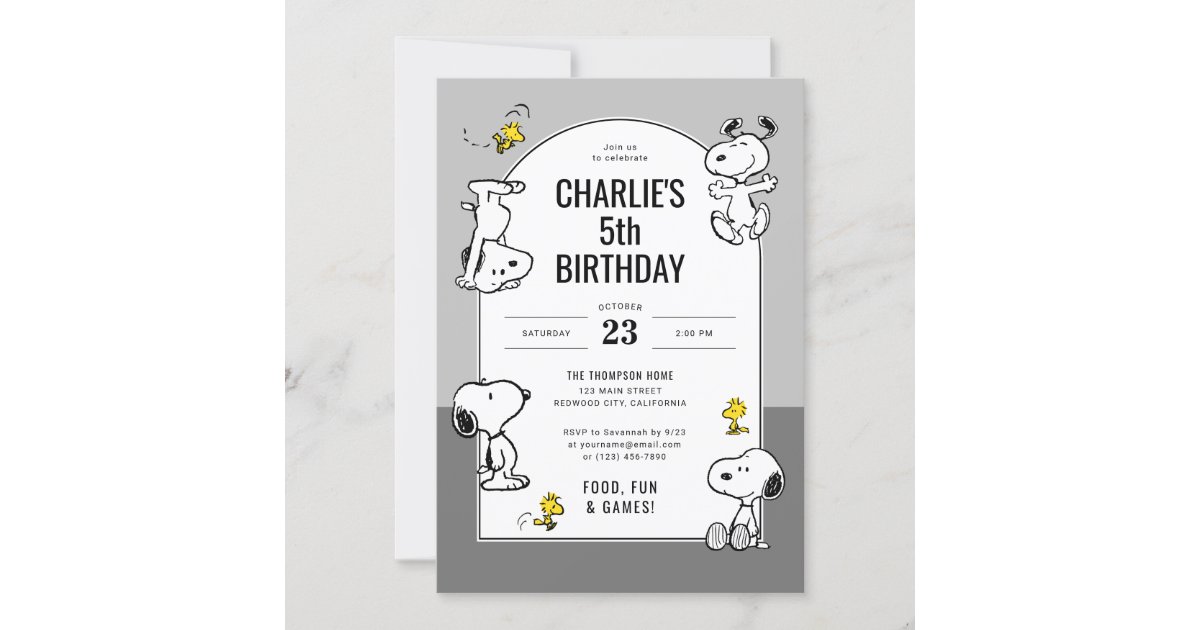 Invitación Peanus Snoopy & Woodstock Gris Cumpleaños | Zazzle.es