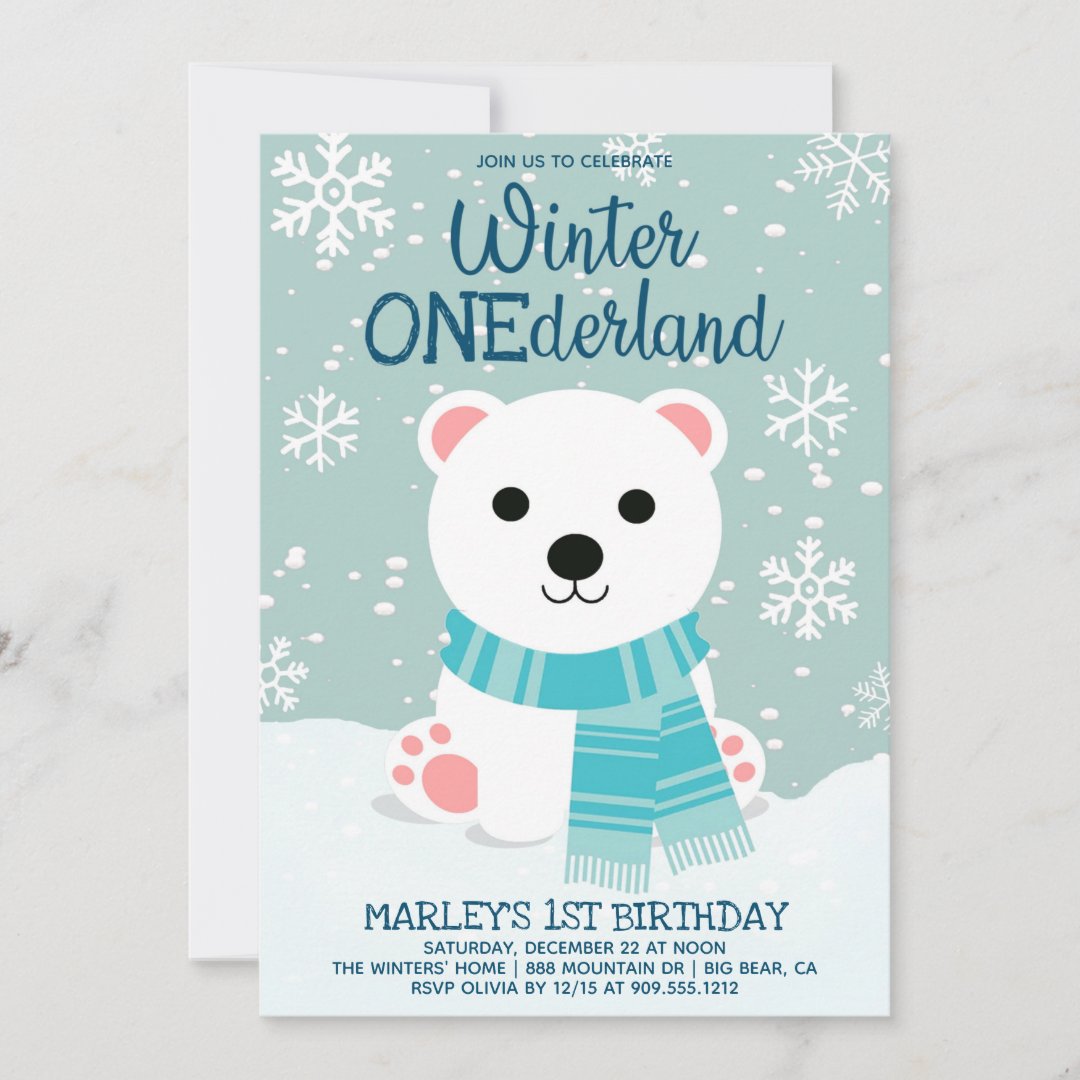 Invitación Primer cumpleaños del oso polar de invierno ONEder | Zazzle.es