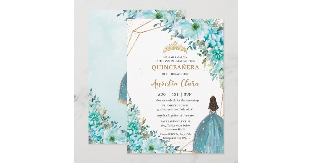 Invitación Princesa de oro floral azul turquesa Quinceañera | Zazzle.es