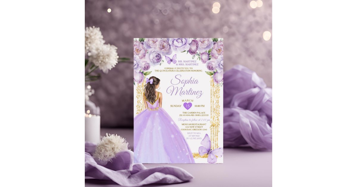 Invitación Princesa Morada Vestida Lavanda Floral Mis Quince | Zazzle.es