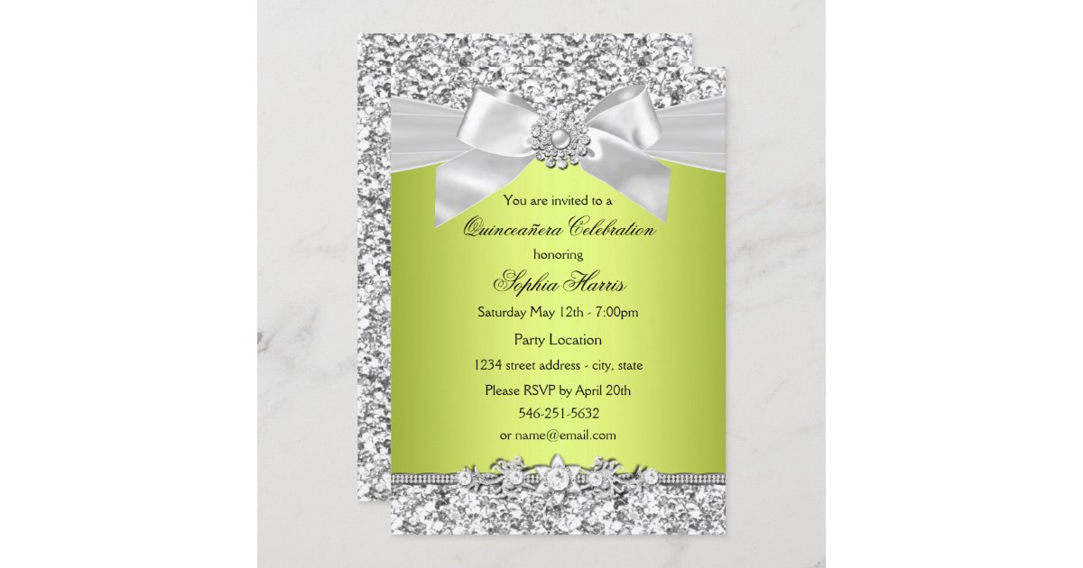 Invitación Purpurina verde Jewel Bow Quinceanera | Zazzle.es