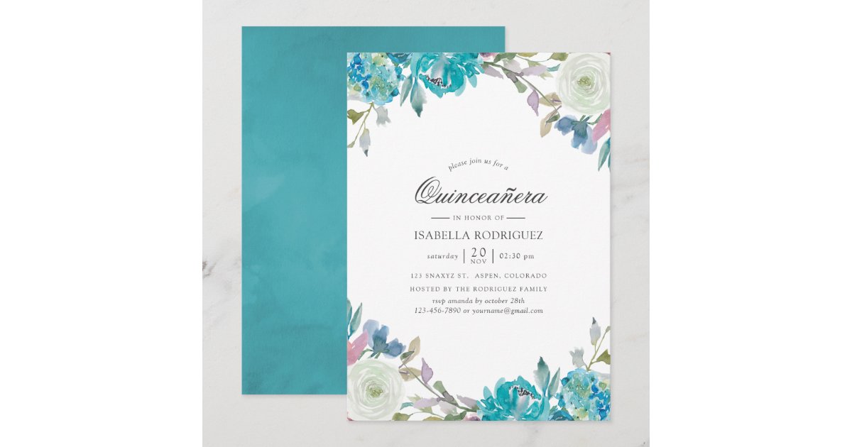 Invitación Quinceañera floral azul turquesa y turquesa | Zazzle.es