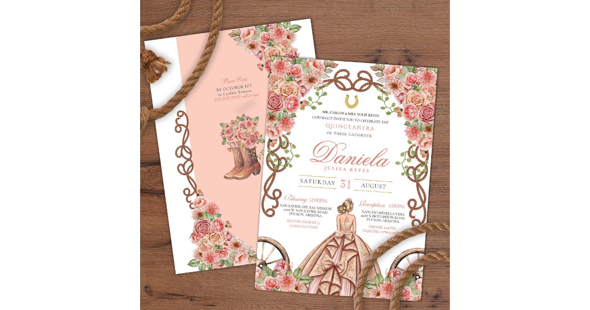 Invitación Rosa Gold Champagne Charro Rosa Rustic Quinceanera | Zazzle.es
