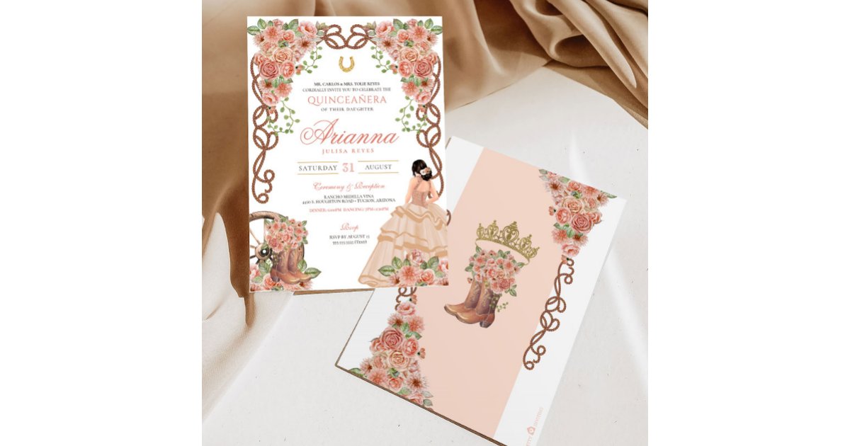 Invitación Rosa Gold Charra estilo occidental Floral Quinceañ | Zazzle.es