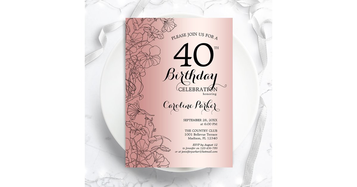 Invitación Rosa Gold Floral 40.º Fiesta de cumpleaños | Zazzle.es
