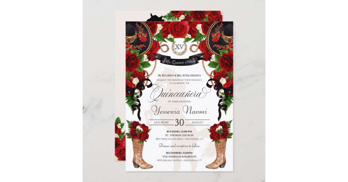 Invitación Rosa Roja Negro Mariachi Occidental Charro Quincea | Zazzle.es