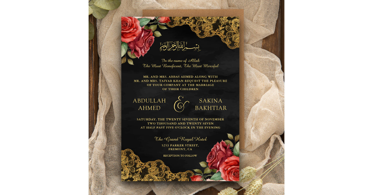 Invitación Roses rojos dorados Código QR Código musulmán negr | Zazzle.es