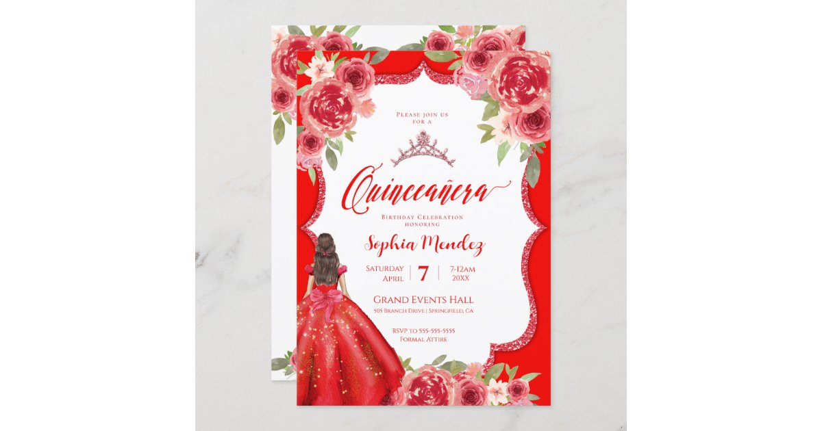 Invitación Ruby Red Floral Watercolor Quinceanera | Zazzle.es