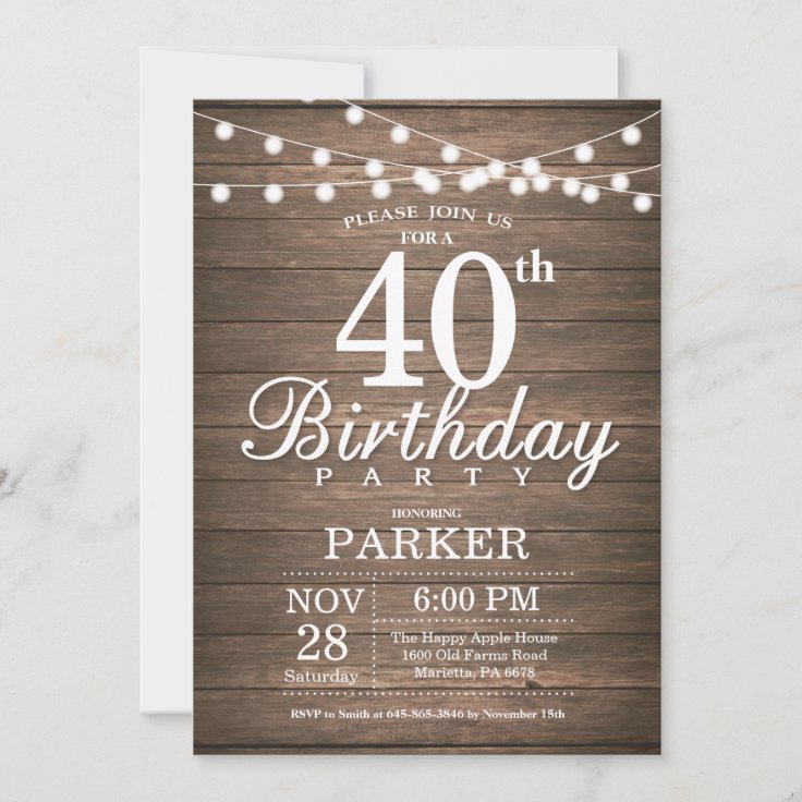 Invitación Rustic 40th Birthday Invitation String Lights Wood | Zazzle.es