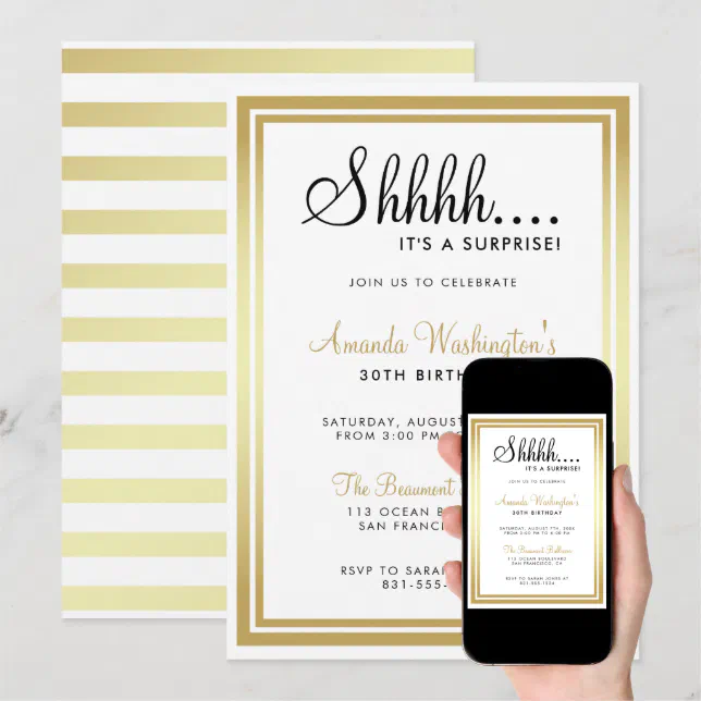 Invitación Shhh... ¡Es una sorpresa! Elegante cumpleaños dora | Zazzle.es