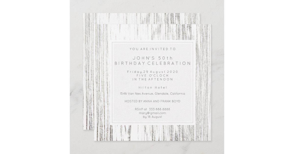 Invitación Silver White Wood Partida mínima de cumpleaños Azu | Zazzle.es