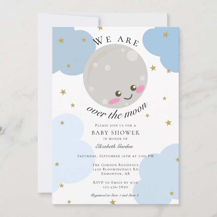 Invitación Sobre la luna Baby Shower Blue Cute Gold Kawaii In | Zazzle.es