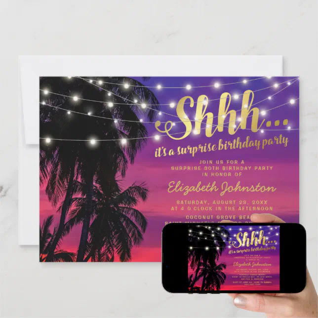 Invitación Sunset Beach Glam Surprise Fiesta de Cumpleaños | Zazzle.es