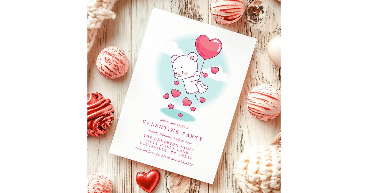 Invitación Teddy Bear Heart Balloons Valentine Fiesta | Zazzle.es
