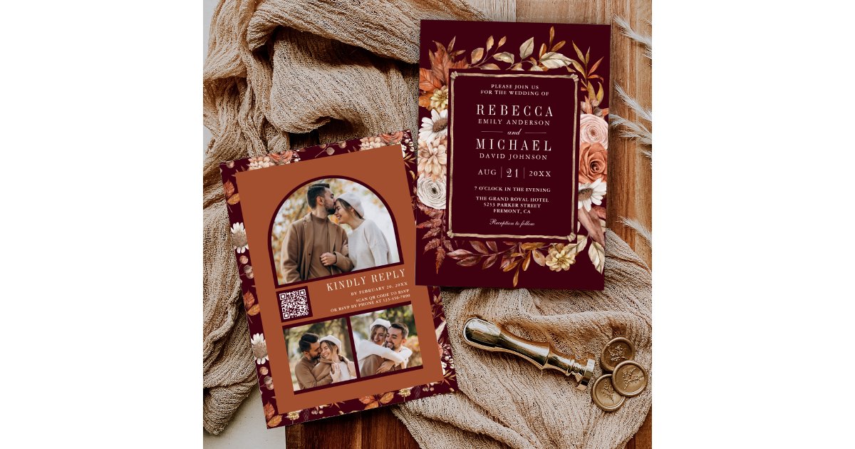 Invitación Terracotta Floral Foto QR Código Boda Borgoña | Zazzle.es