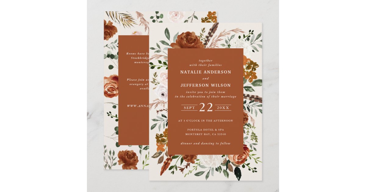 Invitación Terracotta moda floral elegante detalles de boda Q | Zazzle.es
