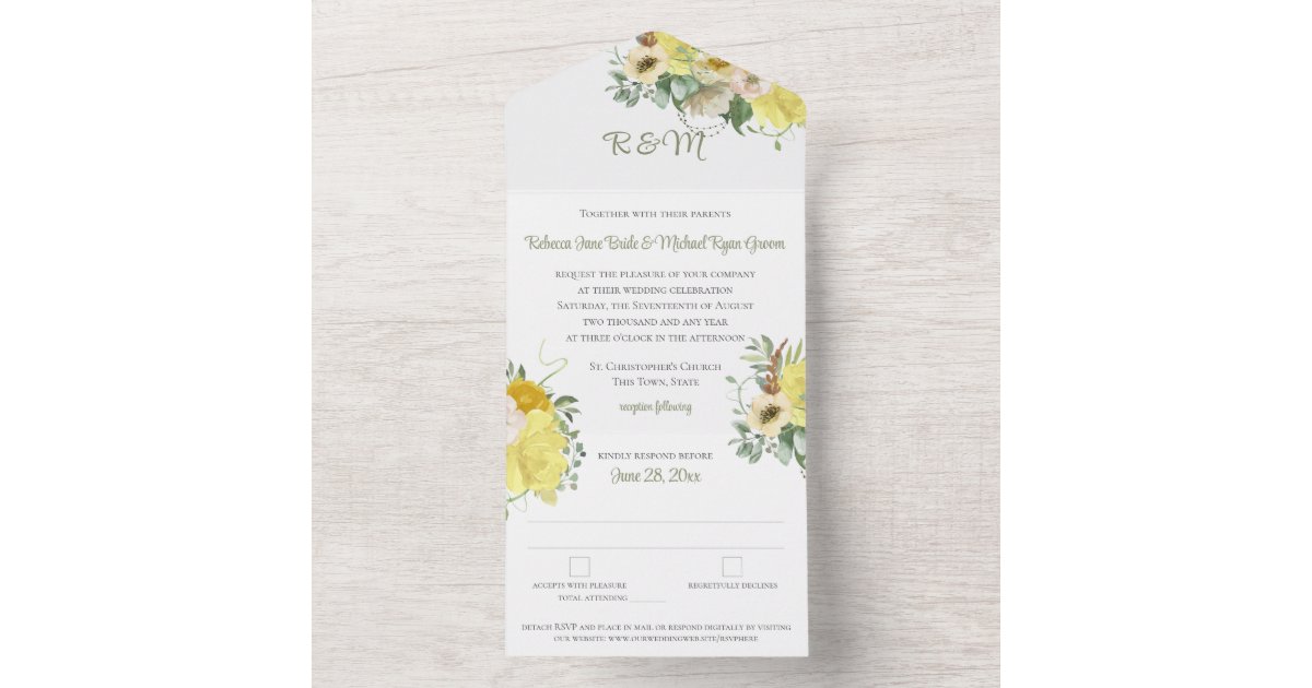Invitación Todo En Uno Boda de monograma floral amarillo | Zazzle.es