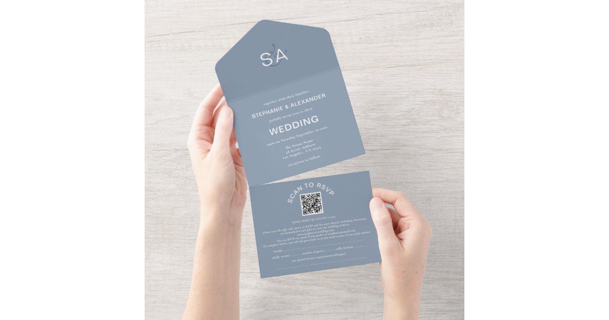 Invitación Todo En Uno Iniciales minimalistas Código QR Boda azul ...