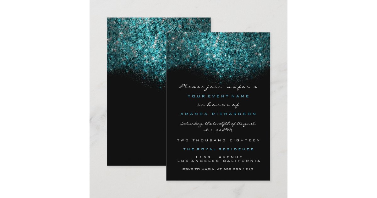 Invitación Turquesa Azul Brillante Glitter Negro Blanco Ofici | Zazzle.es