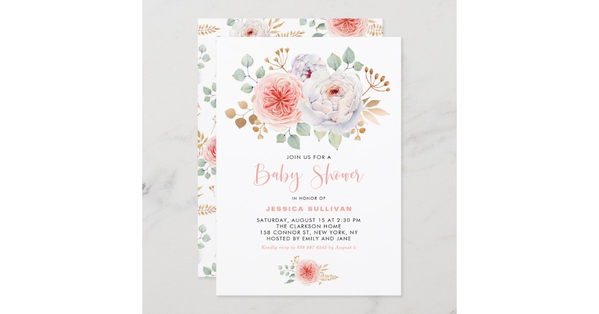 Invitación Watercolor Peach Peonies Gold deja Baby Shower | Zazzle.es