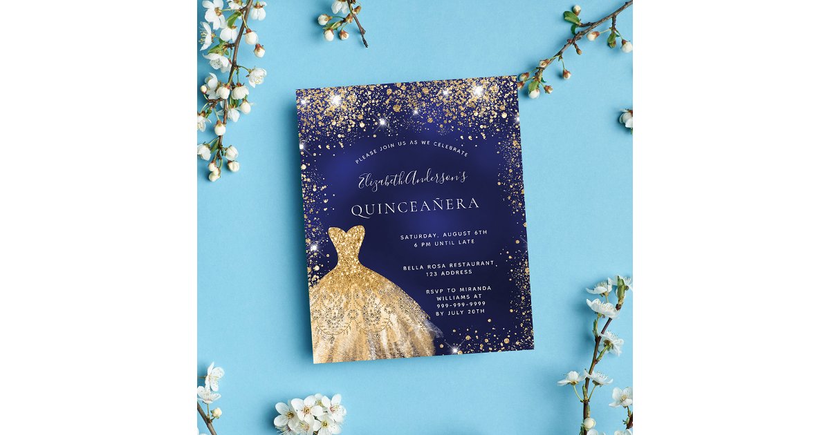 Lámina Invitación para el vestido de oro azul marino Quin | Zazzle.es