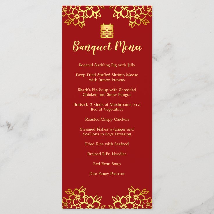 Menú Banquete de boda chino moderno con flores rojas | Zazzle.es