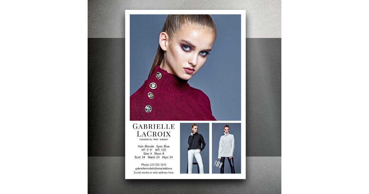 Modelo Actor 3 Foto Comp Card Plantilla 5x7 Blanco | Zazzle.es