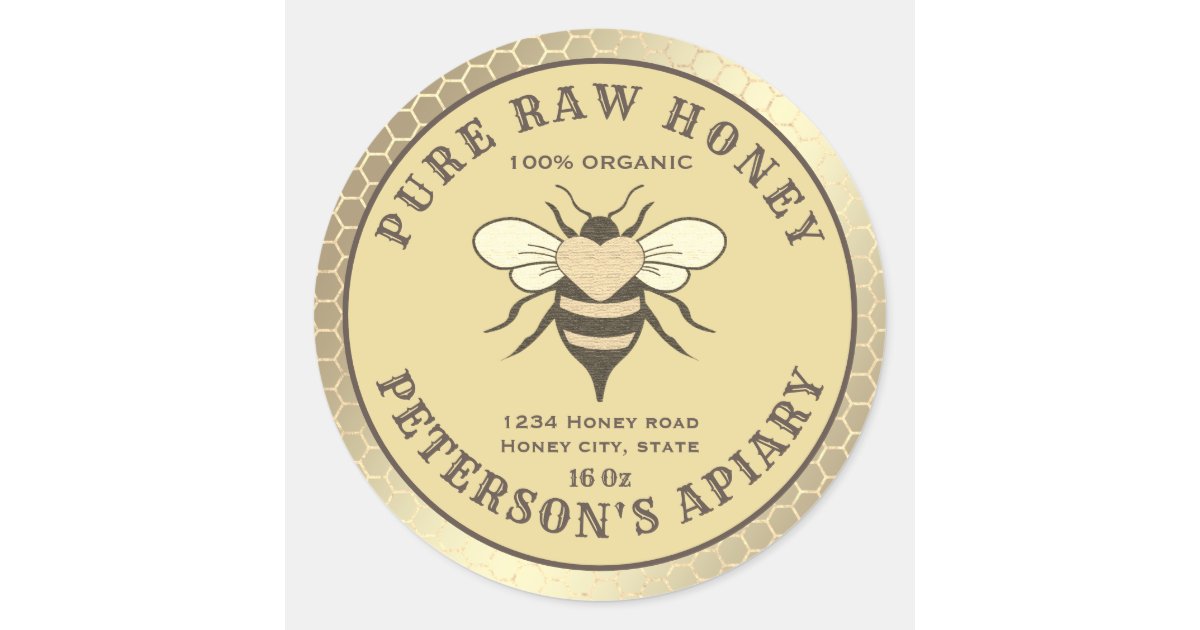 Pegatina Redonda Logotipo de abeja dorada cosecha miel tarro | Zazzle.es