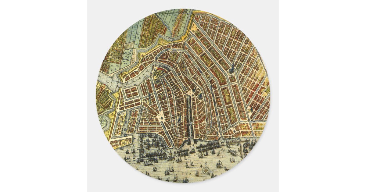 Pegatina Redonda Mapa Antiguo De Ámsterdam Holanda Alias Países B