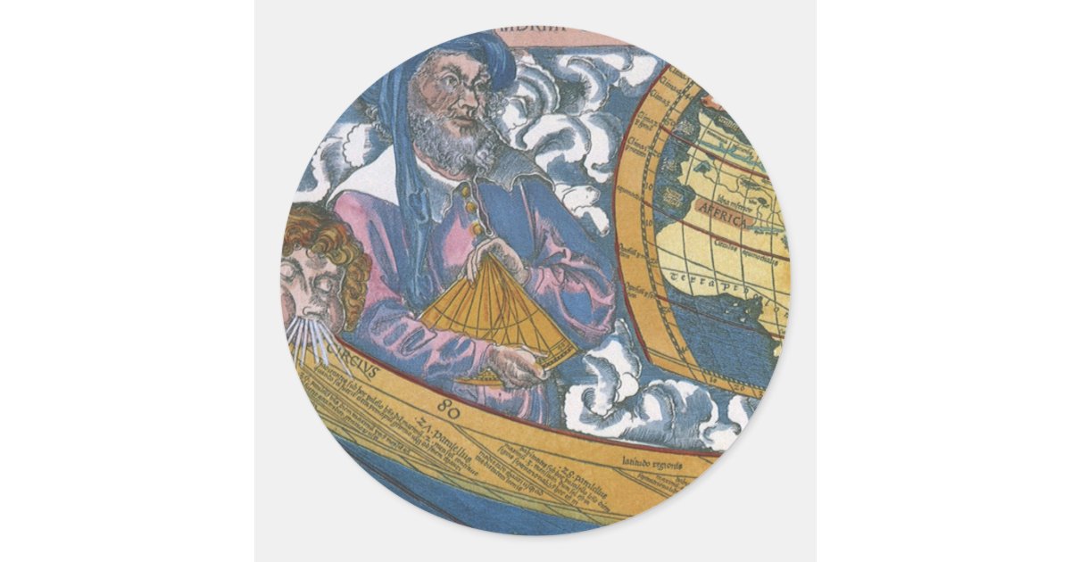 Pegatina Redonda Mapa Del Mundo Antiguo Con Claudius Ptolemy 1507