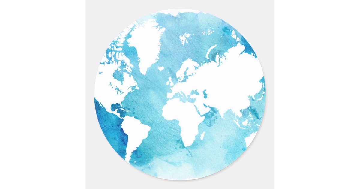 Pegatina Redonda Mapa Mundial De Los Blues De Las Acuarelas Zazzlees