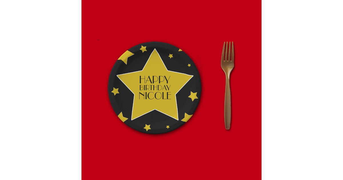 Plato De Papel Black Gold Stars Hollywood nombre de cumpleaños | Zazzle.es
