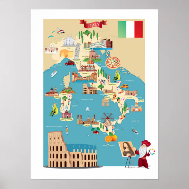 Póster Cartoon Map of Italy | Zazzle.es