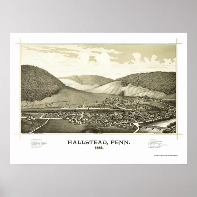 Póster Hallstead, Mapa Panorámico PA - 1887 | Zazzle.es