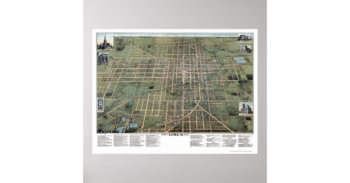 Póster Lima, OH Mapa Panorámico - 1892 | Zazzle.es