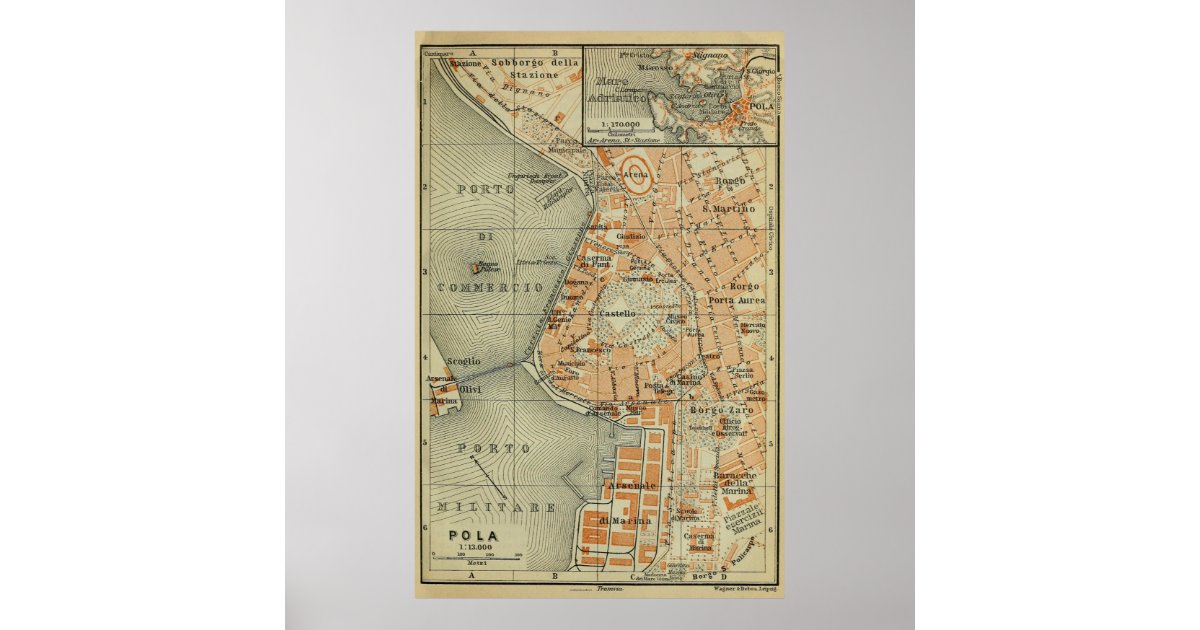 Póster Mapa de la Antigua Pula Croacia (1911) | Zazzle.es