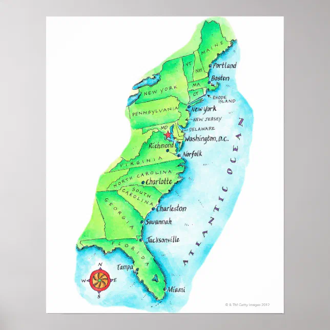 En El Mapa De Los Estados De La Costa Este