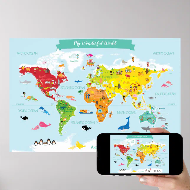 Póster Mapa del mundo infantil brillante con Ilustracione | Zazzle.es