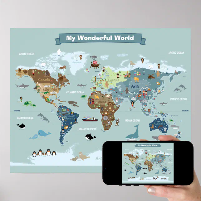Póster Mapa del mundo infantil con animales y monumentos | Zazzle.es